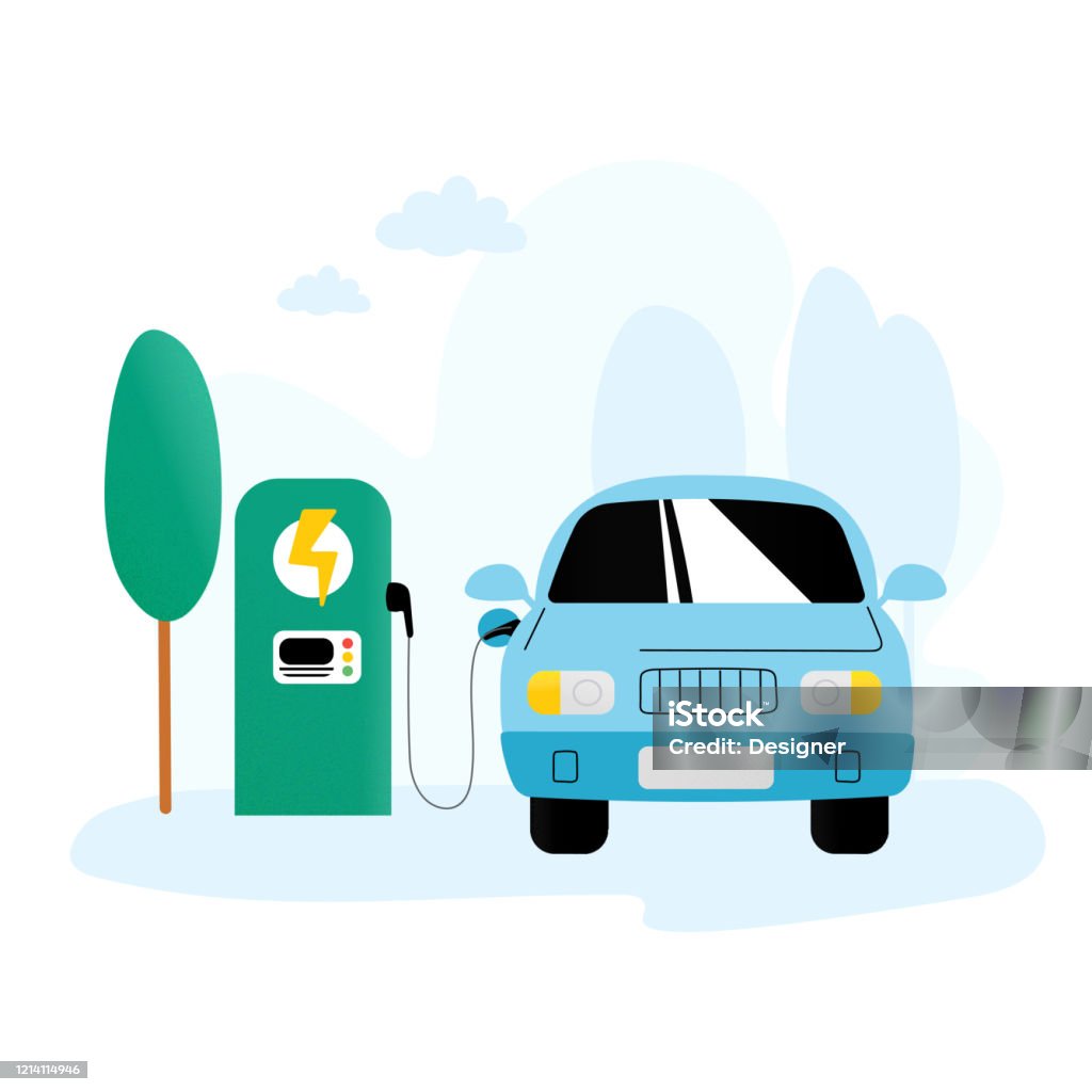 Energi Hijau Ekologi Mobil Listrik Konsep Flat Design Vector Ilustrasi