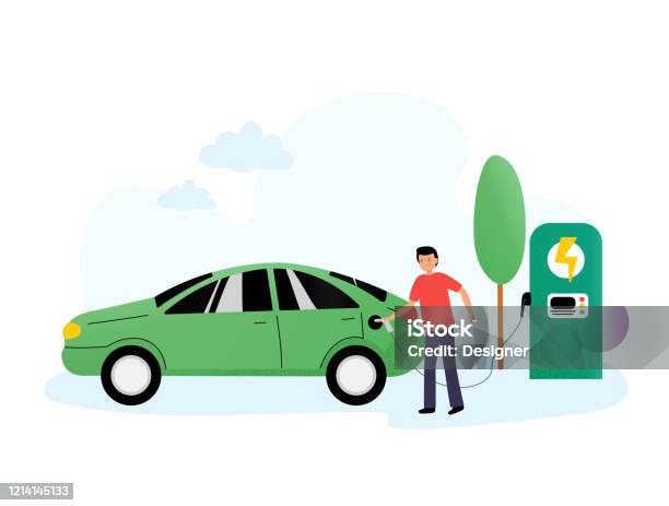 Energi Hijau Ekologi Mobil Listrik Konsep Flat Design Vector Ilustrasi