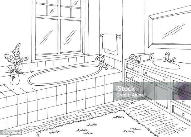 Interior Rumah Grafis Kamar Mandi Hitam Putih Sketsa Vektor Ilustrasi