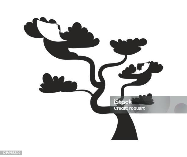 Pohon Bonsai Besar Dengan Siluet Hitam Batang Melengkung Ilustrasi Stok