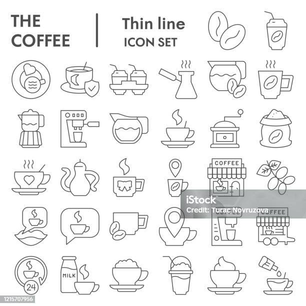 Set Ikon Garis Tipis Kopi Koleksi Tanda Kafein Atau Kafe Sketsa