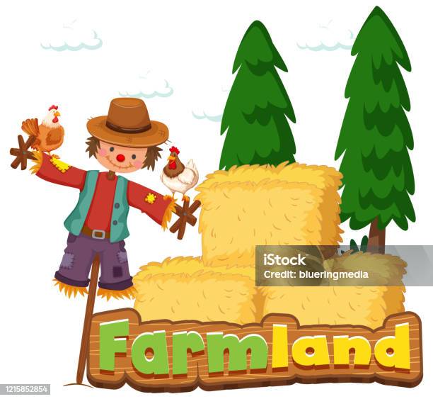 Desain Font Untuk Lahan Pertanian Kata Dengan Orangorangan Sawah Dan