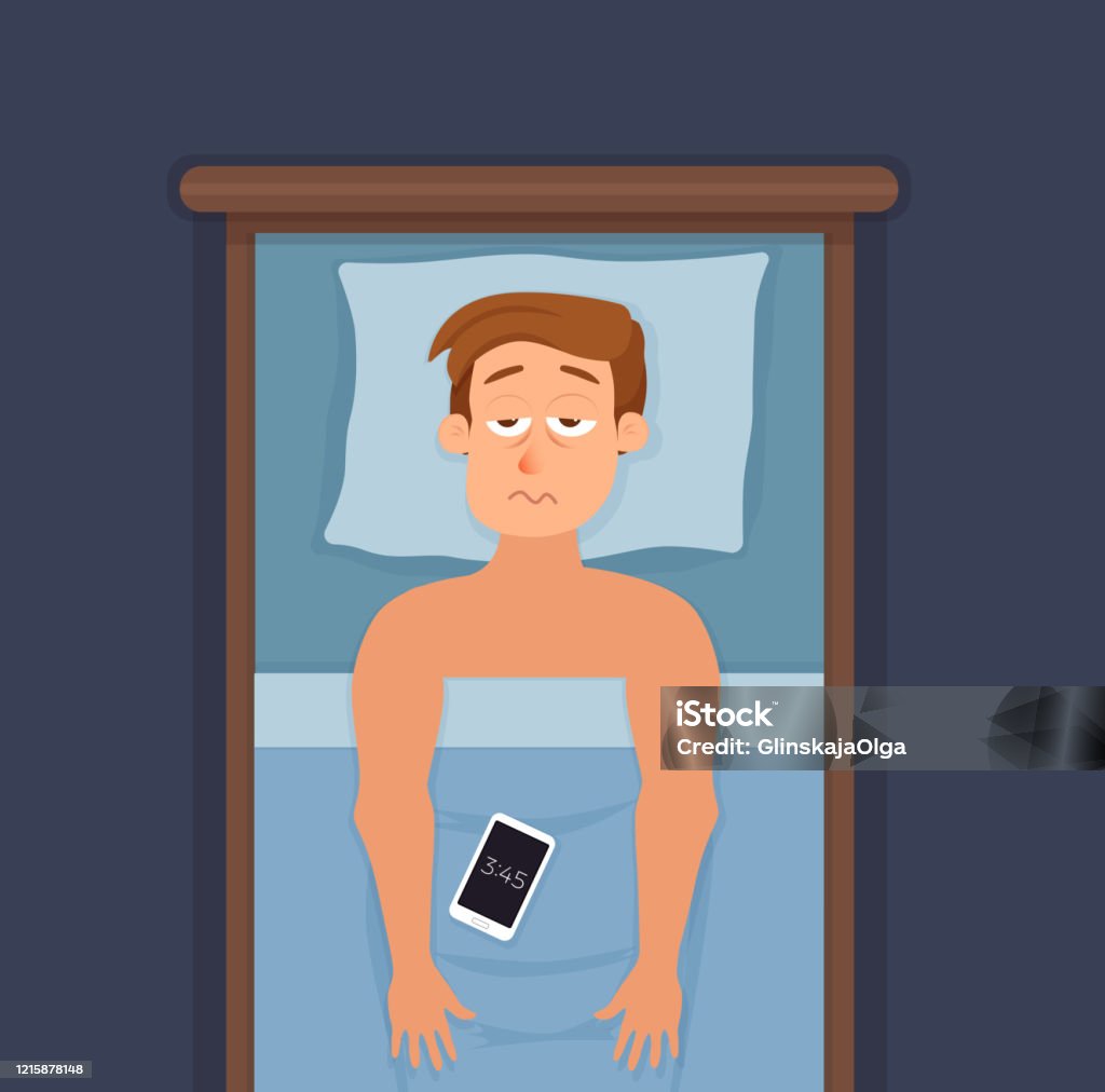 Sleepless Man Face Cartoon Character Suffers From Insomnia Stock
