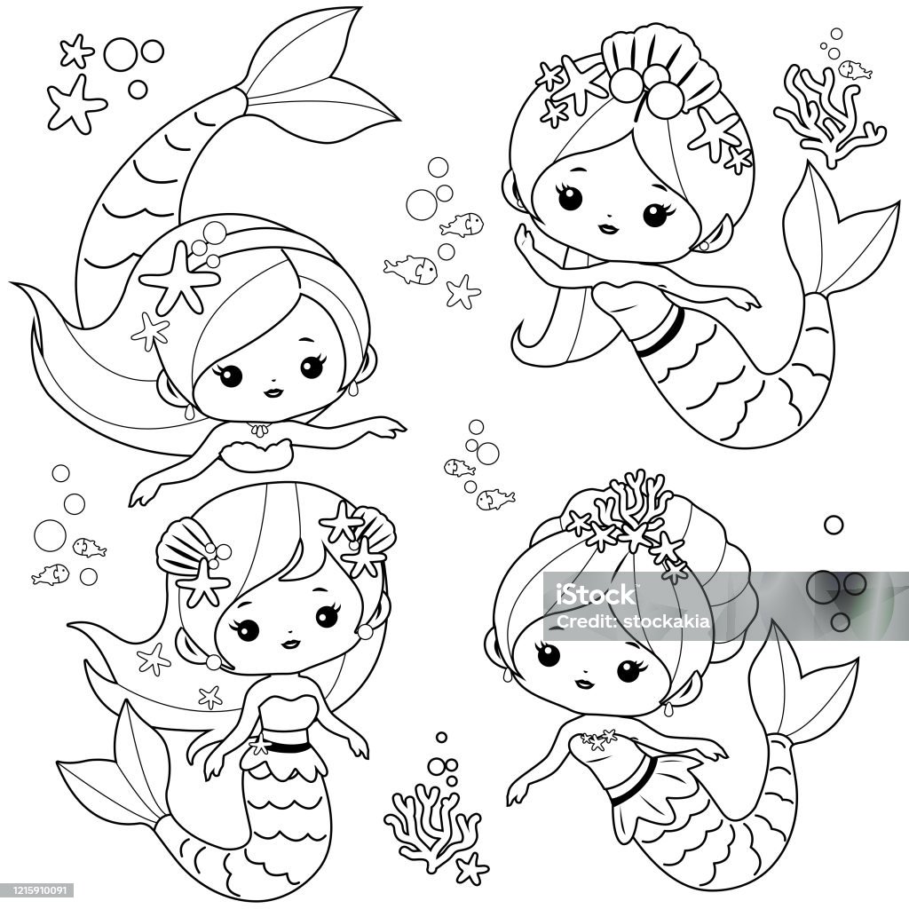Koleksi Putri Duyung Yang Indah Halaman Mewarnai Hitam Dan Putih Vektor Ilustrasi Stok Unduh