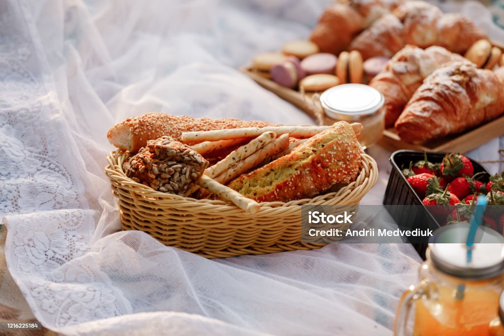 Picnic In The Nature Fresh Pastries Croissants French Croissants Stock