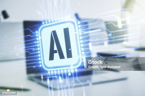 Paparan Ganda Ikon Kecerdasan Buatan Kreatif Dengan Laptop Modern Di