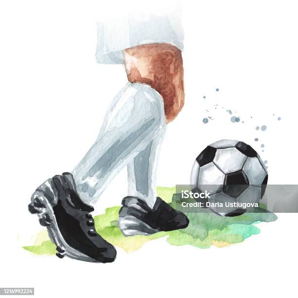 Pemain Sepak Bola Profesional Beraksi Ilustrasi Cat Air Yang Digambar