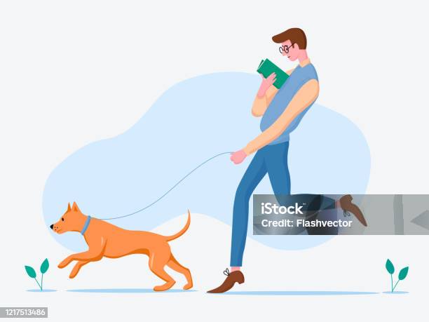 Man Walking Hund Tecknad Vektor Illustration Manliga Karaktär Umgås Med
