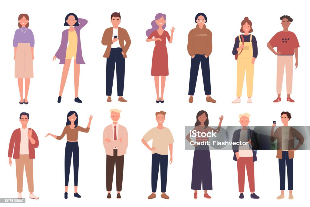 People Wearing Casual Clothes Vector Illustrations Set Stock Illustration Download Image Now