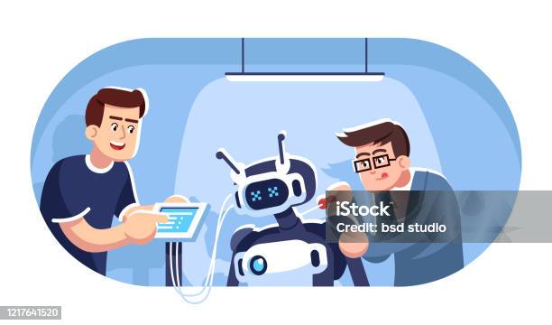 Insinyur Menciptakan Ilustrasi Vektor Datar Robot Kursus Robotika Dua ... Insinyur Menciptakan Ilustrasi Vektor Datar Robot Kursus Robotika Dua ...