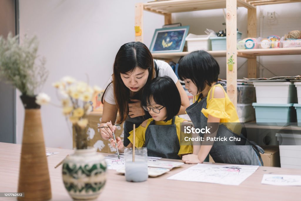 Guru Kelas Seni Mengajar Anakanak Tionghoa Asia Melukis Di Studio Seni ... Guru Kelas Seni Mengajar Anakanak Tionghoa Asia Melukis Di Studio Seni ...