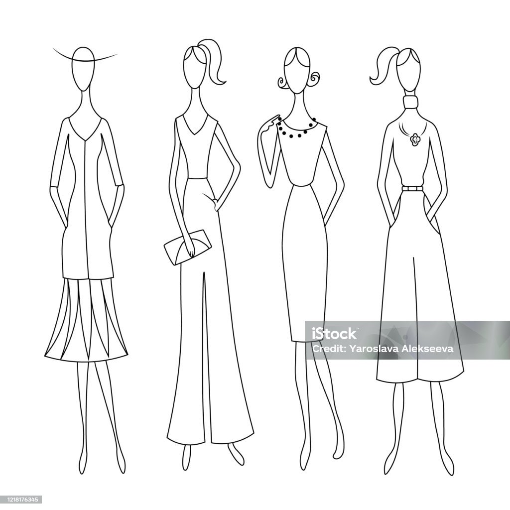 Fashion Women Hand Drawn Fashion Model Collection Stock Illustration