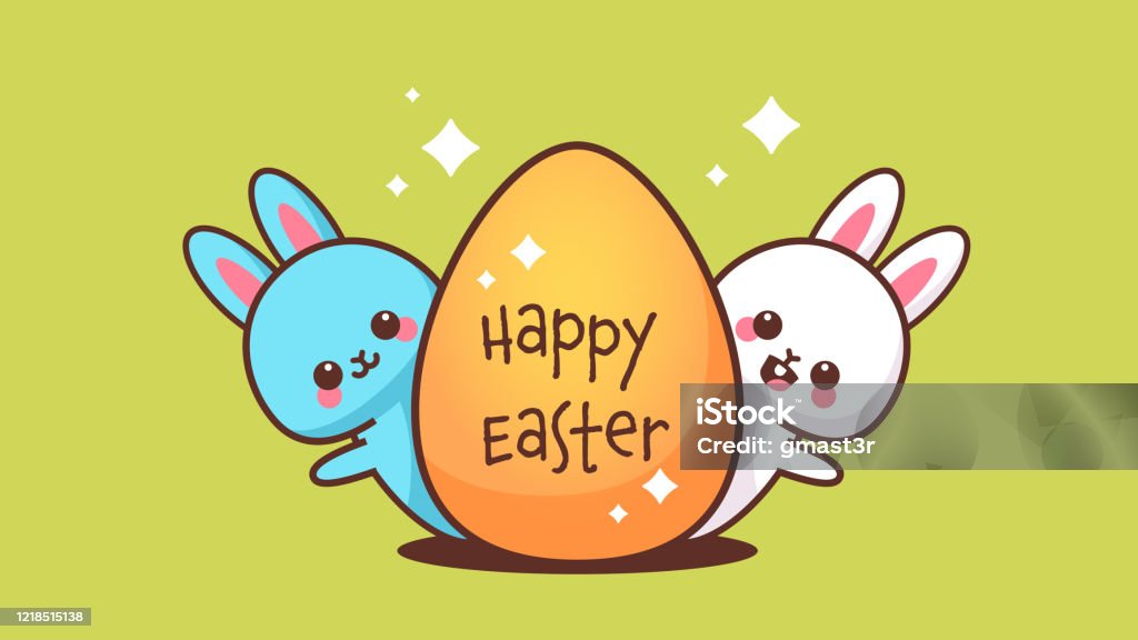 Cute Rabbits With Egg Happy Easter Bunnies Sticker Spring Holiday Concept Horizontal Greeting