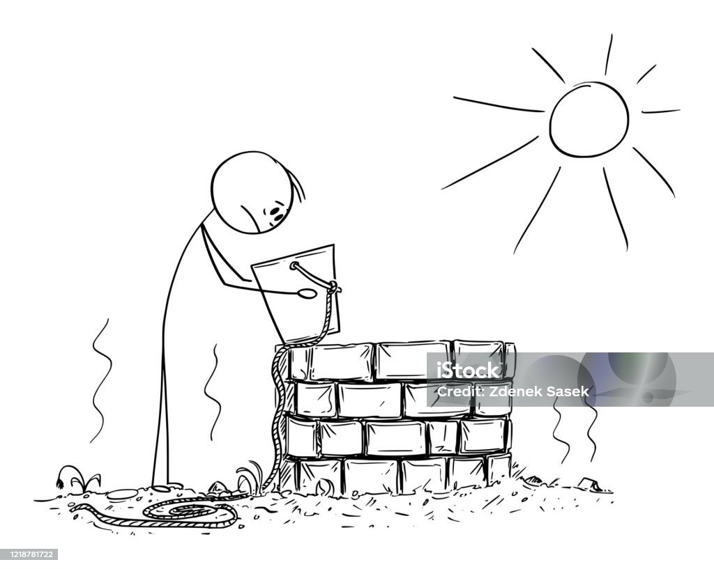 Vektorcartoonillustration Des Menschen Oder Bauer Blick In Leere Eimer ... Vektorcartoonillustration Des Menschen Oder Bauer Blick In Leere Eimer ...