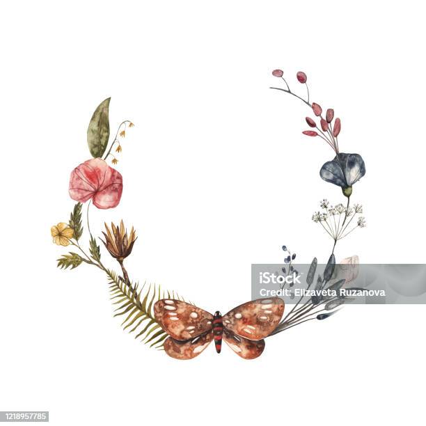 Couronne Florale Avec Des Fleurs Des Feuilles Et Des Papillons