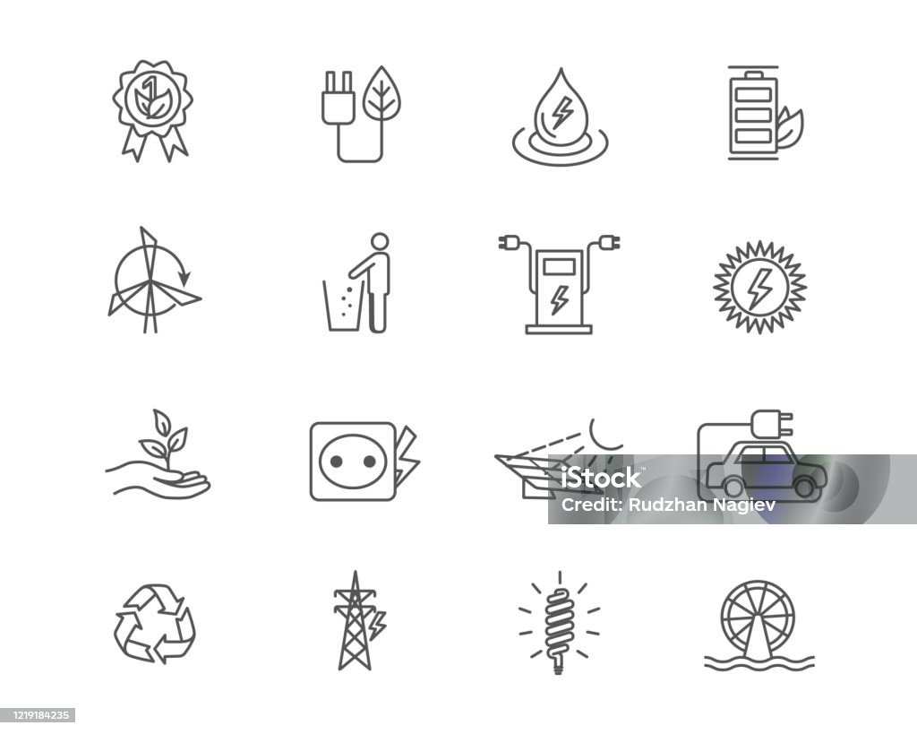 Set Of Alternative Energy Sources Linear Icons Stock Illustration