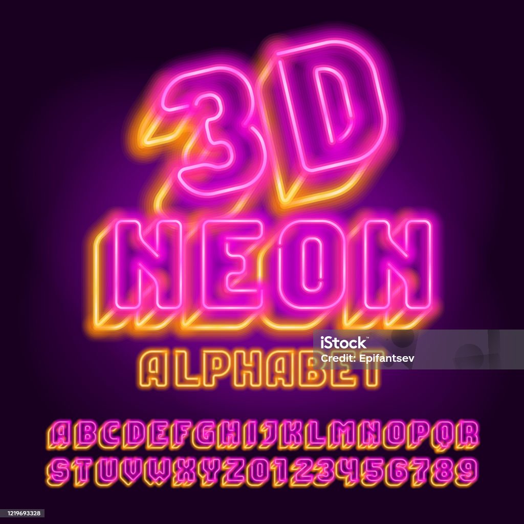 Font Alfabet Neon 3d Bercahaya Neon Huruf Cahaya Dan Angka Ilustrasi