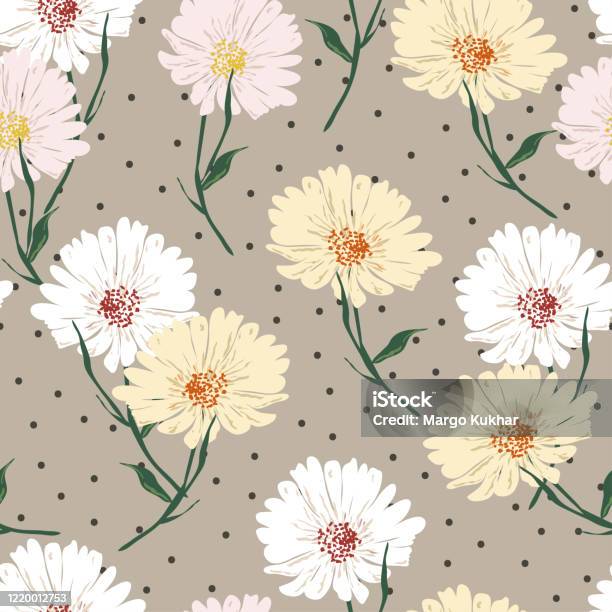 Mekar Bunga Pola Mulus Dengan Daisy Motif Botani Mekar Tersebar Acak