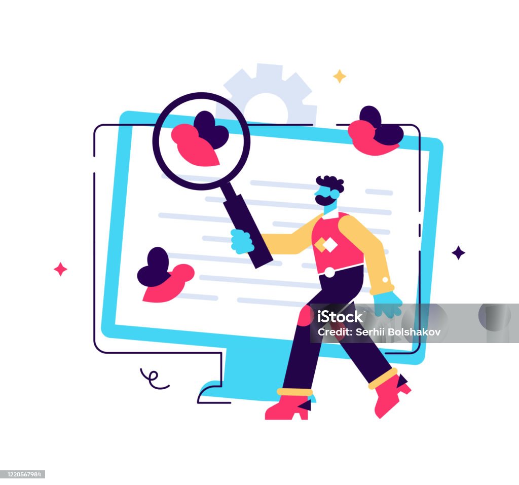 Ilustración De Personaje De Dibujos Animados Programador Con Lupa Y Más Vectores Libres De