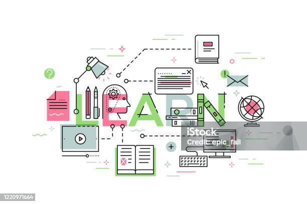 Spanduk Desain Datar Garis Tipis Dari Halaman Web Pembelajaran
