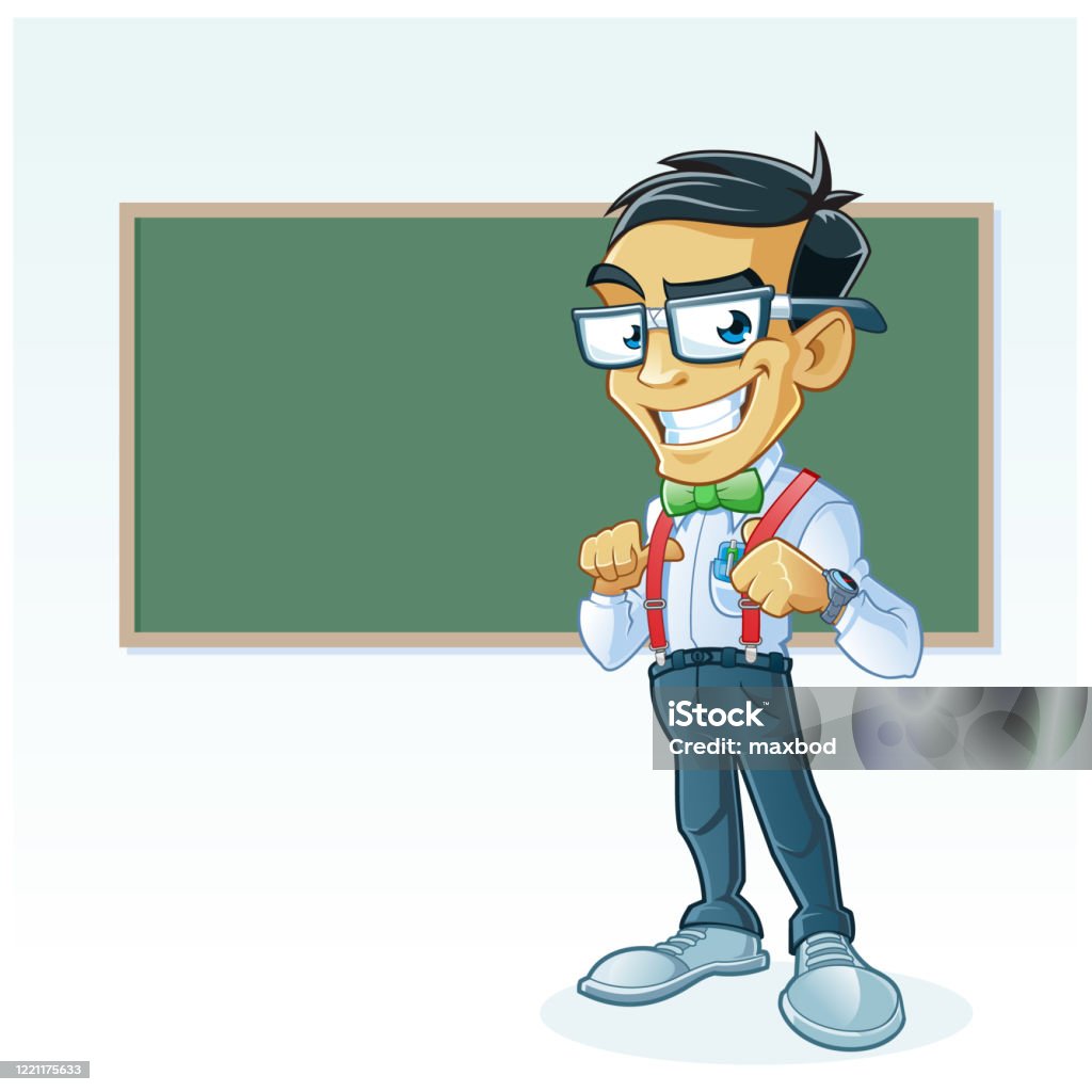 Caractère De Dessin Animé De Geek De Sourire Devant Le Tableau Vert