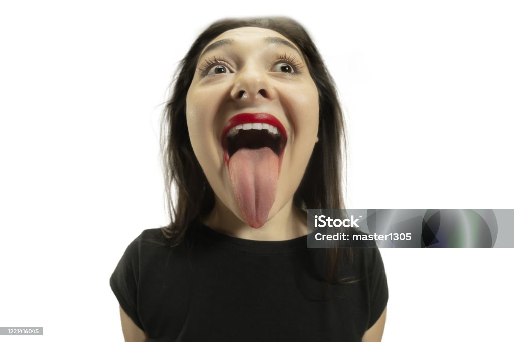 Smiling Girl Opening Her Mouth With Red Lips And Showing The Long Big Giant Tongue Isolated On
