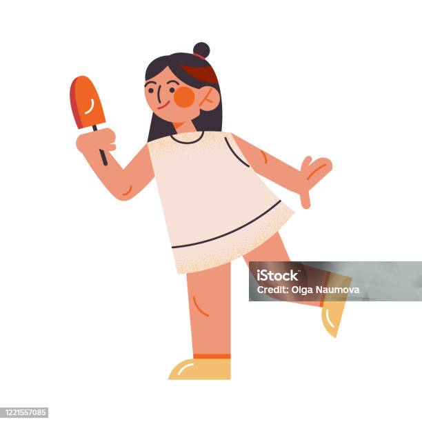 Cute Darkhaired Girl In A White Dress Standing With Icecream Vector