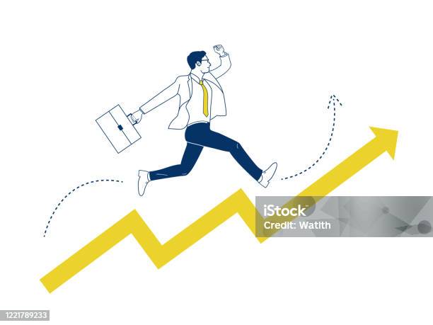 Pengusaha Melompat Ke Atas Panah Grafik Pertumbuhan Dan Karakter Bisnis