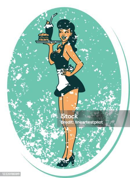 Icône De Tatouage Dautocollant Affligée Dune Fille Serveuse De Pinup