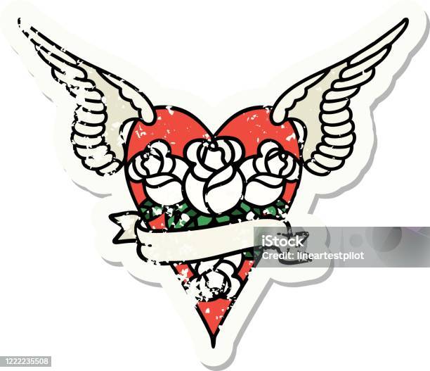 Tatouage Traditionnel Dautocollant En Détresse Dun Coeur Volant Avec