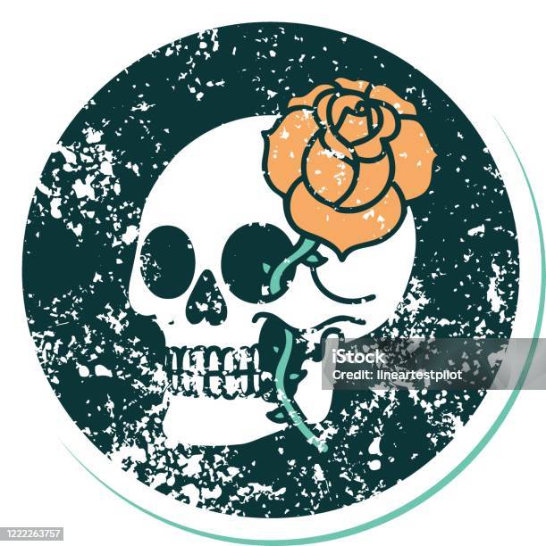 Icône De Tatouage Dautocollant Affligé Dun Crâne Et De Rose Vecteurs