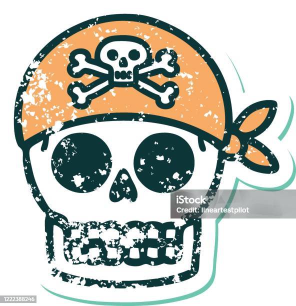 Icône De Tatouage Dautocollant Affligée Dun Crâne De Pirate Vecteurs