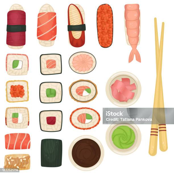 Set Sushi Dan Gulungan Dengan Kecap Wasabi Dan Jahe Makanan Jepang