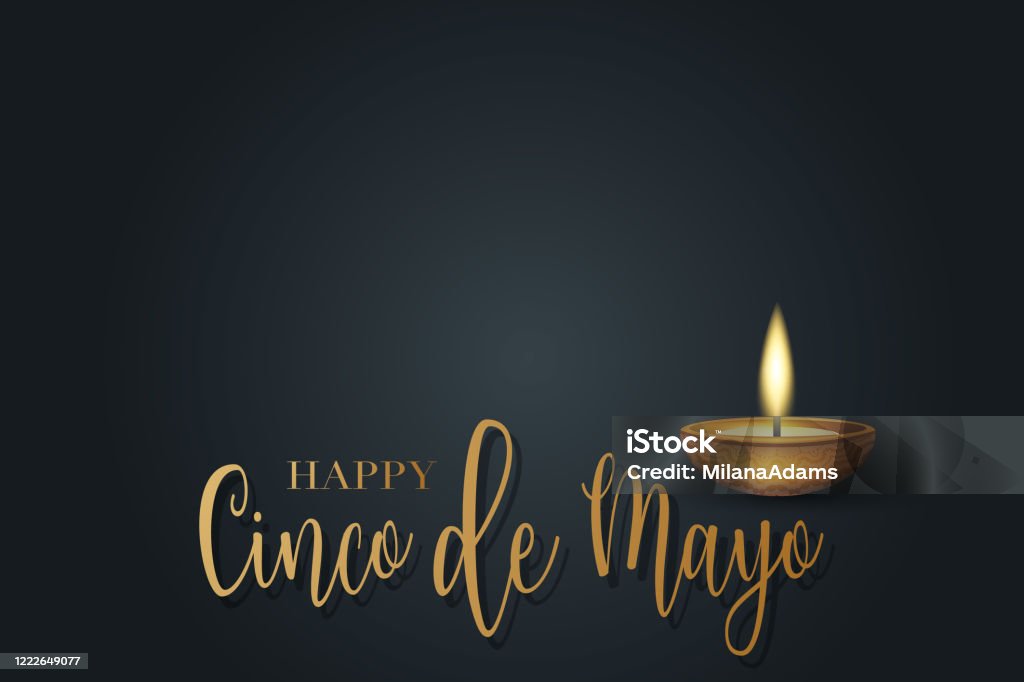 Cindo De Mayo Banner Or Poster Golden Lettering And Candle On Black Background Vector