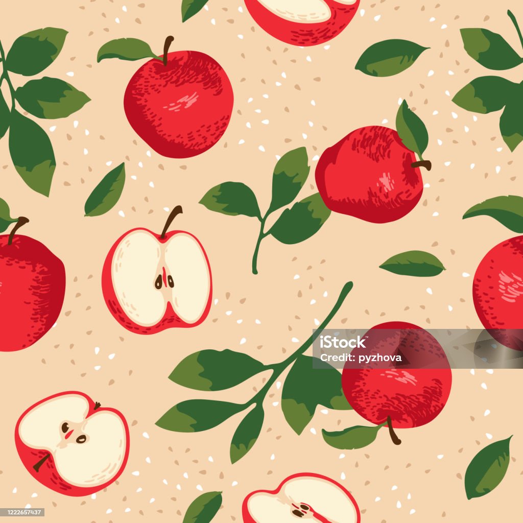 Vector Summer Pattern With Apples Flowers And Leaves Seamless Texture