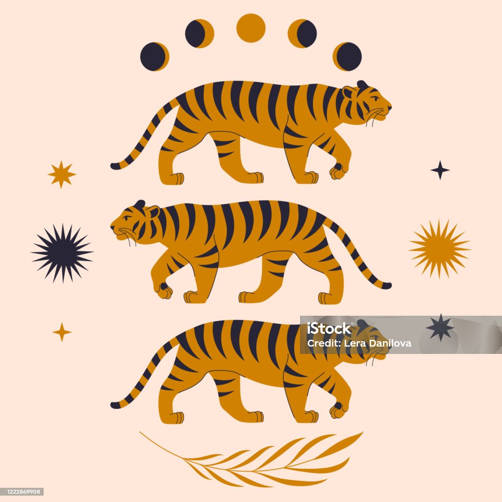 Cetak Seni Abstrak Modern Dengan Harimau Lucu Cabang Tropis Bintang ... Cetak Seni Abstrak Modern Dengan Harimau Lucu Cabang Tropis Bintang ...