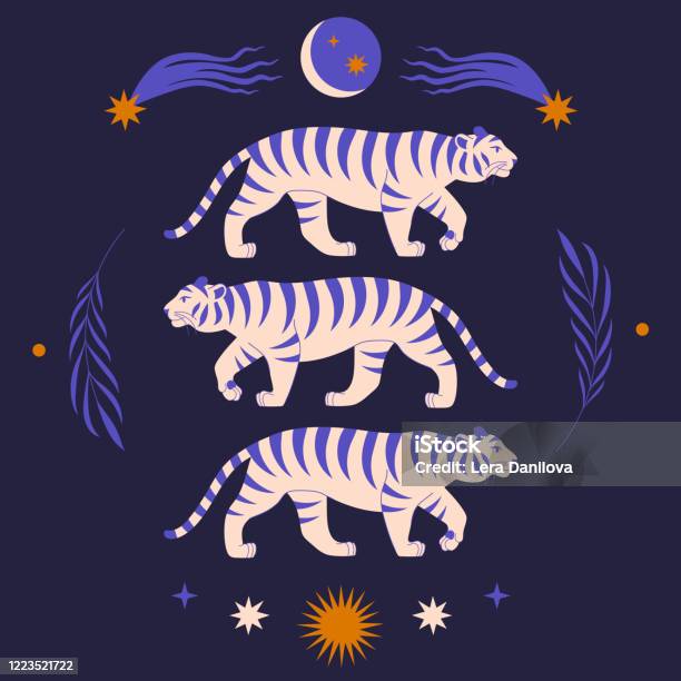 Cetak Seni Abstrak Modern Dengan Harimau Lucu Cabang Tropis Bintang ... Cetak Seni Abstrak Modern Dengan Harimau Lucu Cabang Tropis Bintang ...