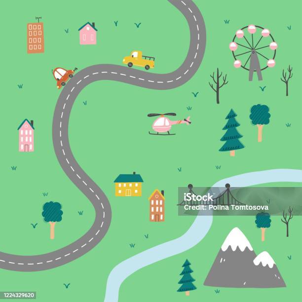 Ulaşım Ve Yol Çocuk Şehir Haritası Vektör Çizimi Stok Vektör Sanatı