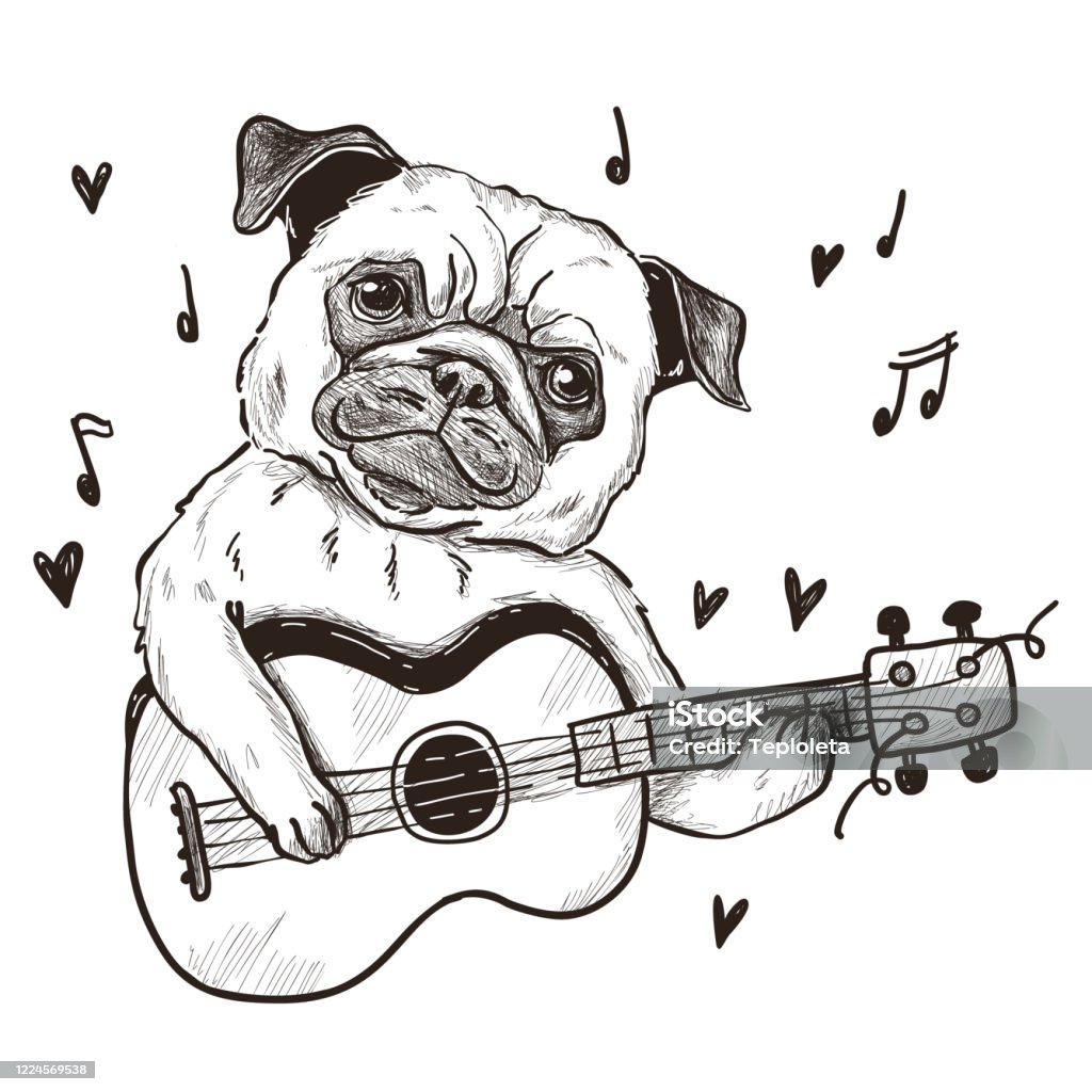 Pug Anjing Bermain Ilustrasi Gitar Tangan Digambar Sketsa Desain Cetak ... Pug Anjing Bermain Ilustrasi Gitar Tangan Digambar Sketsa Desain Cetak ...