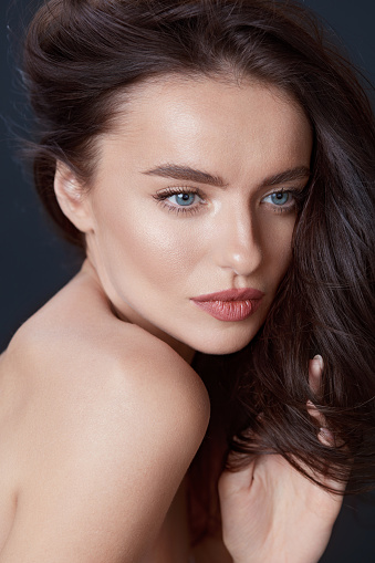 Beautiful Girl Woman Touching Hair Close Up Portrait Blueeyed Brunette