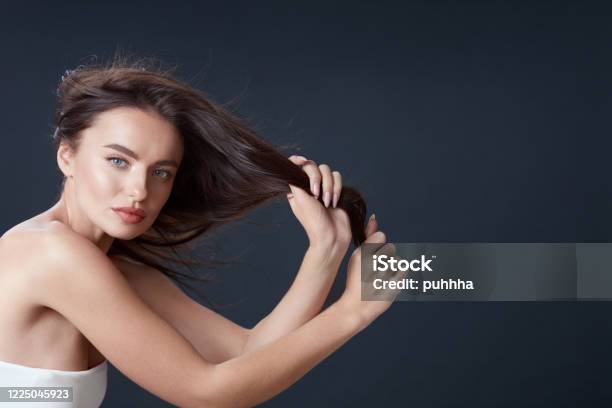 Beautiful Girl Woman Holding Hair Portrait Blueeyed Brunette With