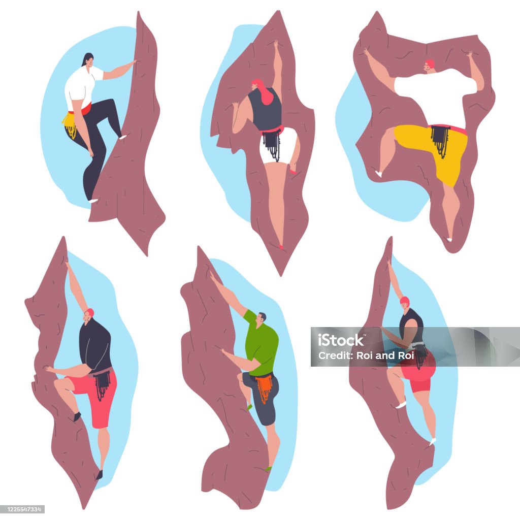 Ilustrasi Konsep Vektor Mendaki Gunung Dengan Pria Dan Wanita Di Atas