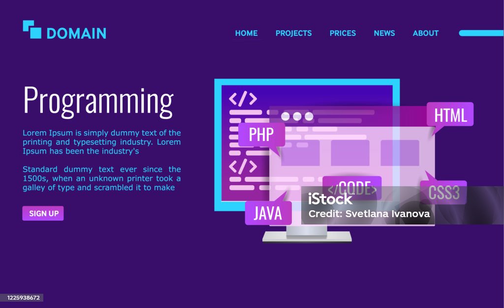 Programming Landing Page Design Pc With Program Code And Icons Java Html Css Html Stock