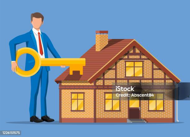 Businessman Holding Big Key Near House Building Stock Illustration ... Businessman Holding Big Key Near House Building Stock Illustration ...
