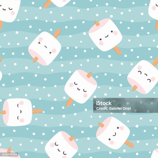 Marshmallow Cute Face Character Seamless Pattern Stock Illustration
