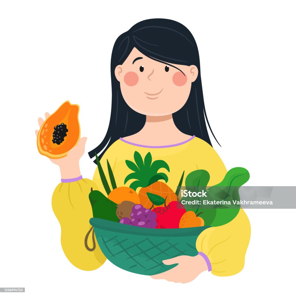 Gadis Itu Menyimpan Buahbuahan Di Keranjang Ilustrasi Vektor Dalam Gaya ... Gadis Itu Menyimpan Buahbuahan Di Keranjang Ilustrasi Vektor Dalam Gaya ...