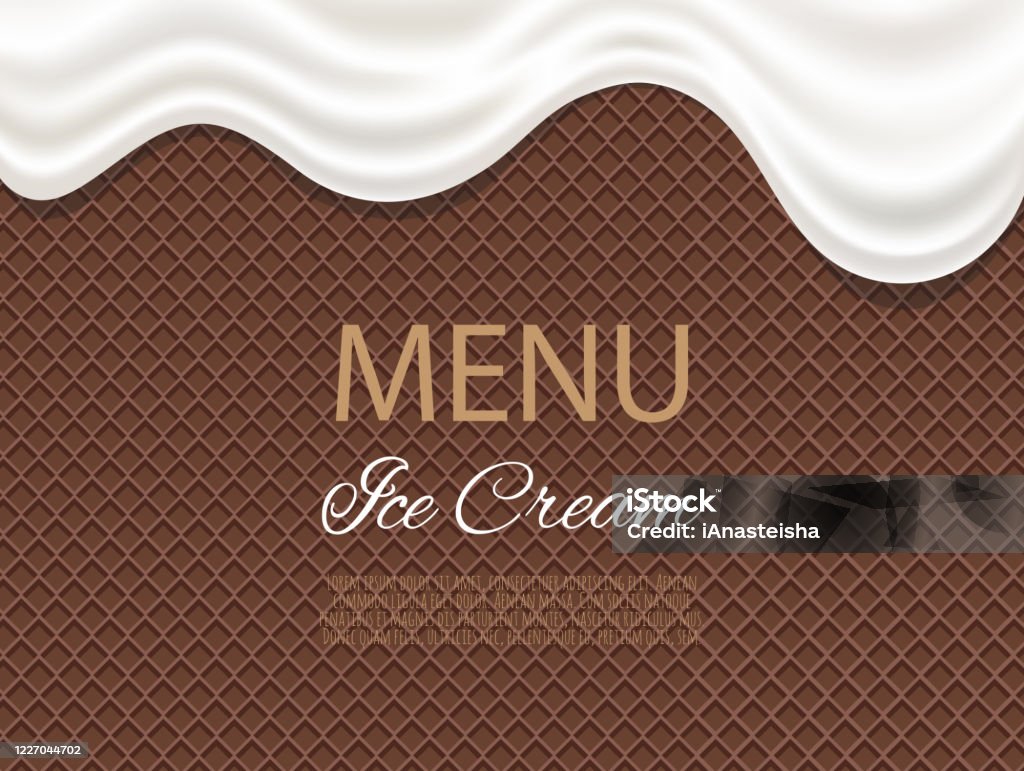 Dripping White Ice Cream Flowing Over Waffle Texture Background Stock