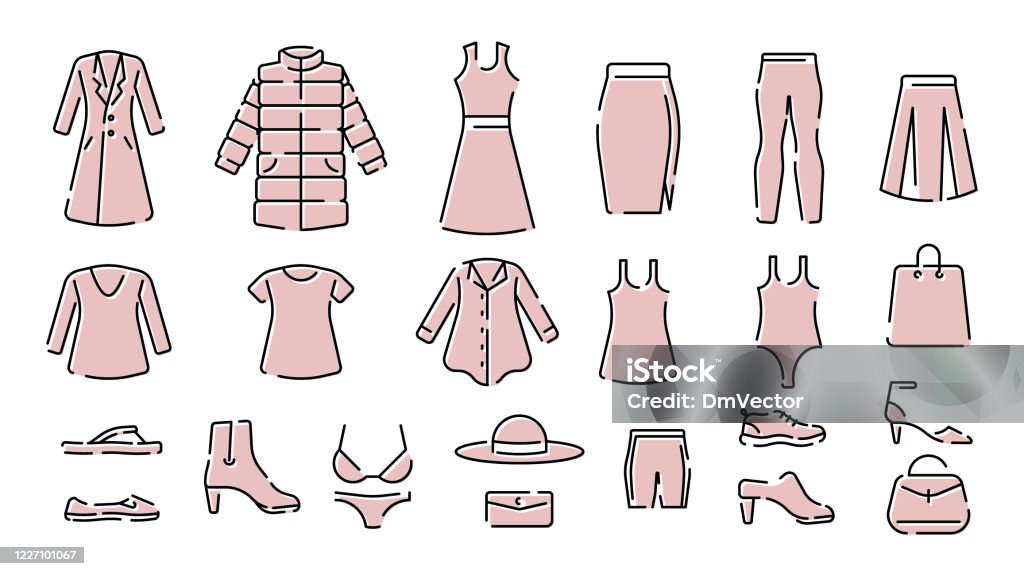 Womens Clothing Icons Set In Trendy Flat Outline Style Isolated On