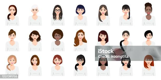 Karakter Kartun Dengan Satu Set Gadis Lucu Dengan Gaya Rambut Yang
