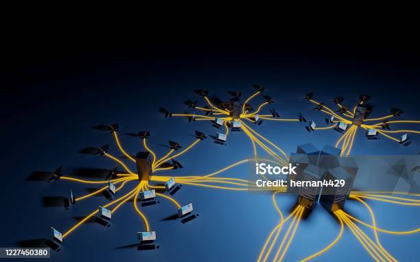 Cloud Computing Network Infrastructure Computer Workstations Connected To Data Center Digital 3d